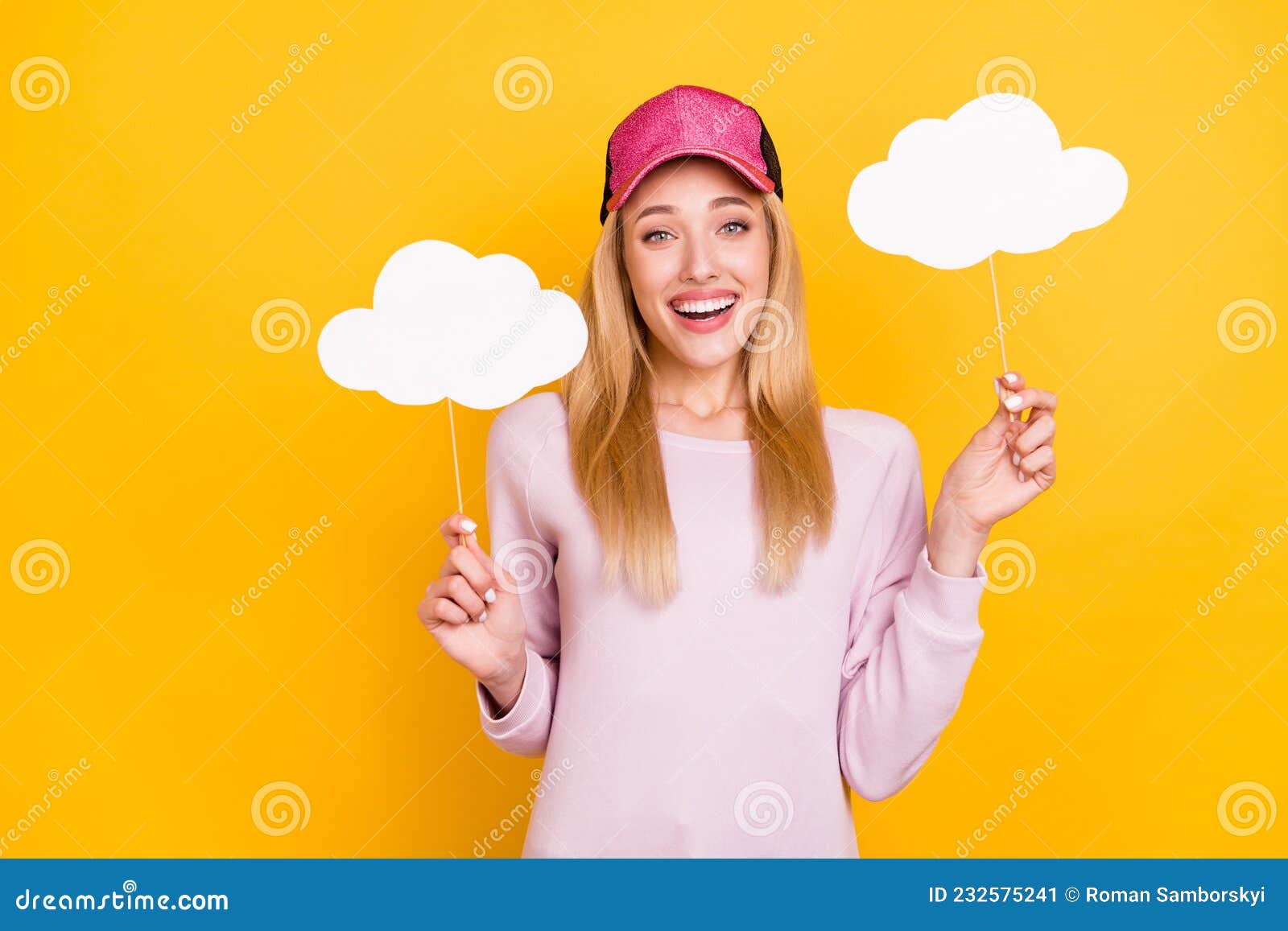 Photo Of Impressed Funky Woman Dressed Pink Pullover Headwear Holding
