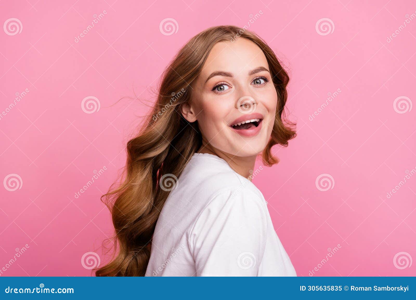 Photo Of Impressed Girlish Woman With Wavy Hairstyle Dressed Stylish T
