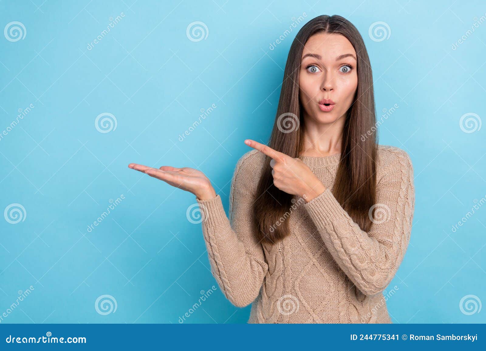 Photo Of Impressed Millennial Brunette Lady Hold Index Promo Wear Brown