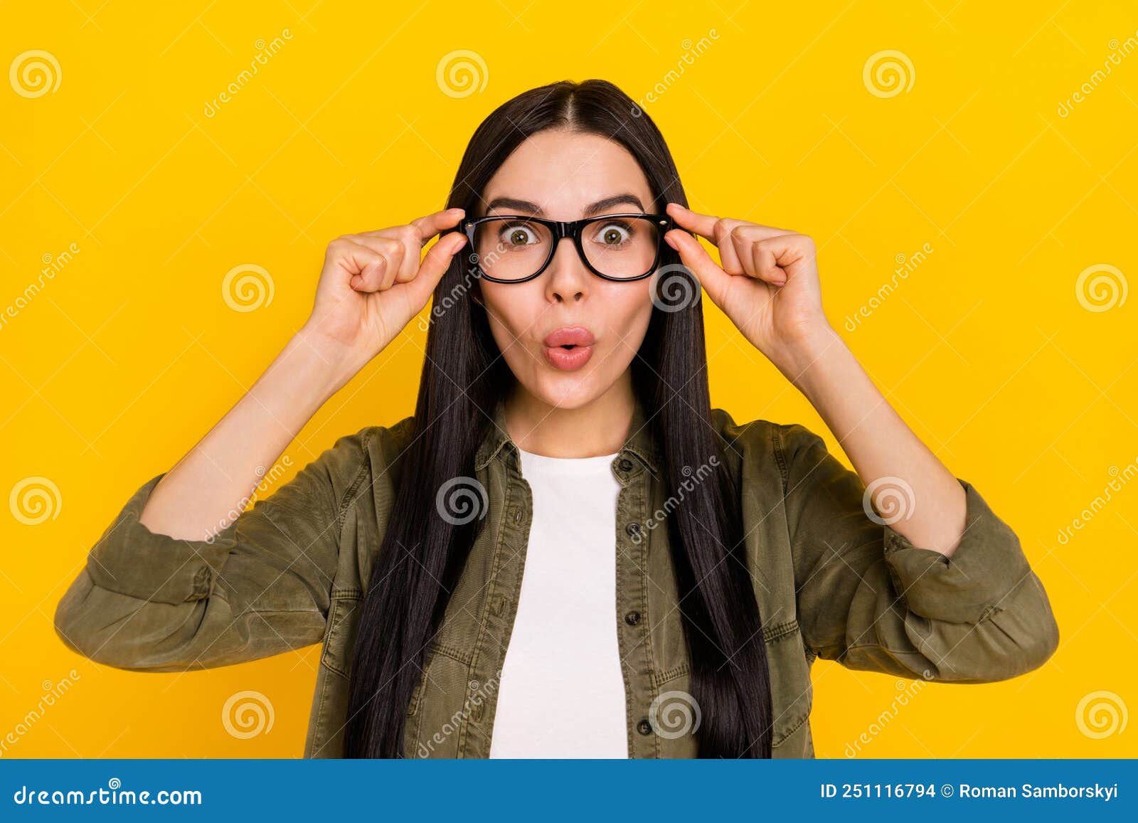 Photo Of Impressed Millennial Lady Wear Spectacles Khaki Outfit