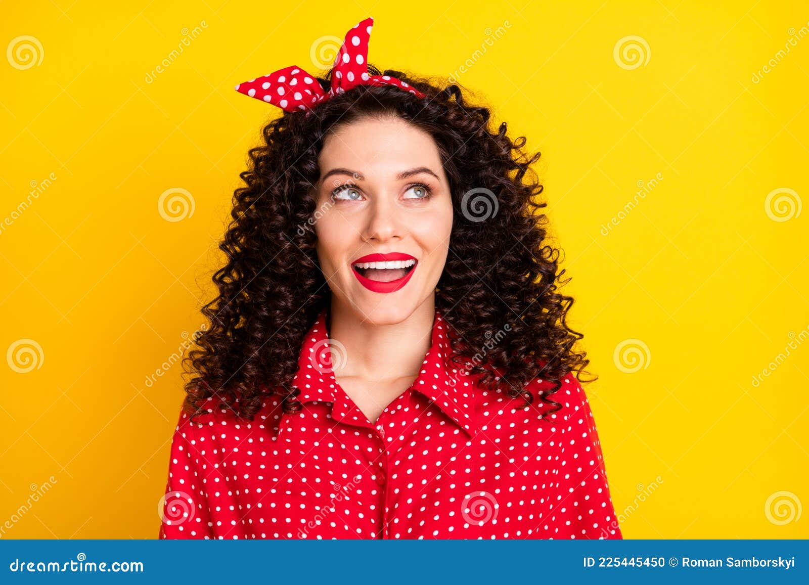 Photo Of Impressed Nice Brunette Lady Look Empty Space Wear Shirt Band