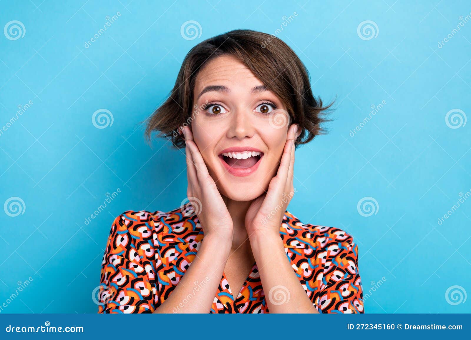 Photo Of Impressed Pretty Woman Wear Print Blouse Open Mouth Arms
