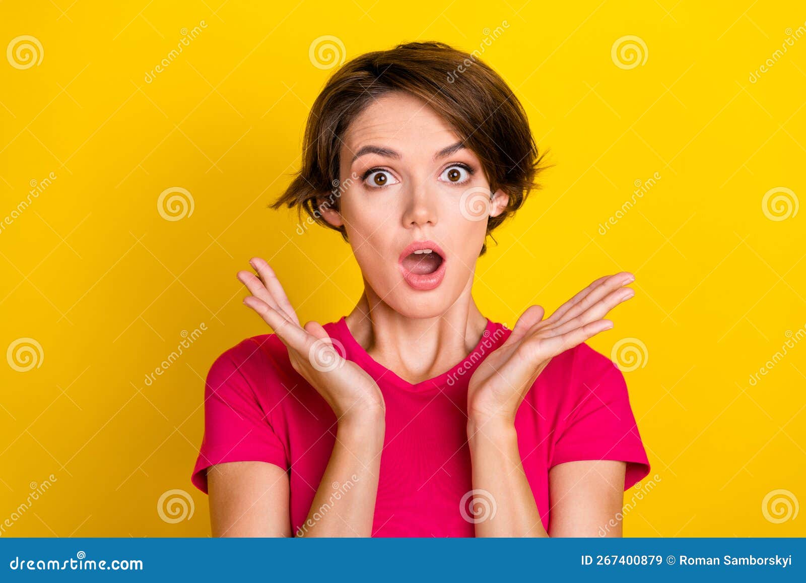 Photo Of Impressed Shocked Lady Wear Pink T Shirt Open Mouth Rising