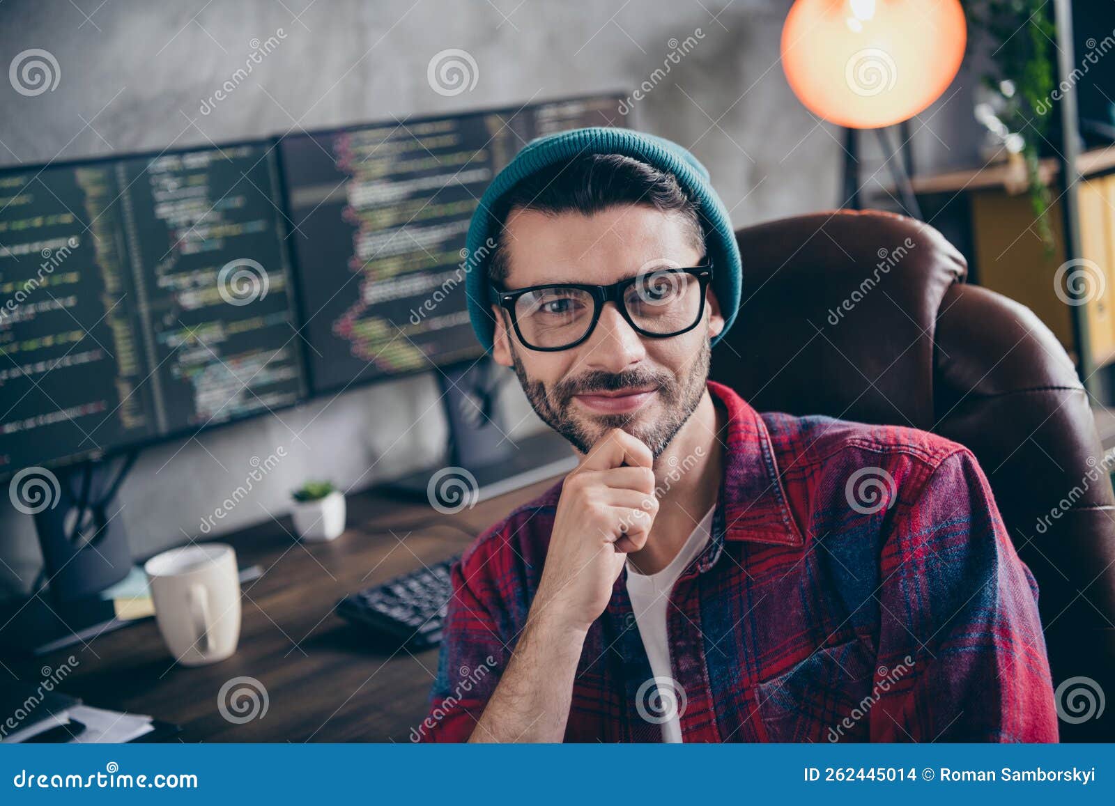 Photo of Intelligent Clever Coder Dressed Hat Glasses Smiling Arm Hand ...