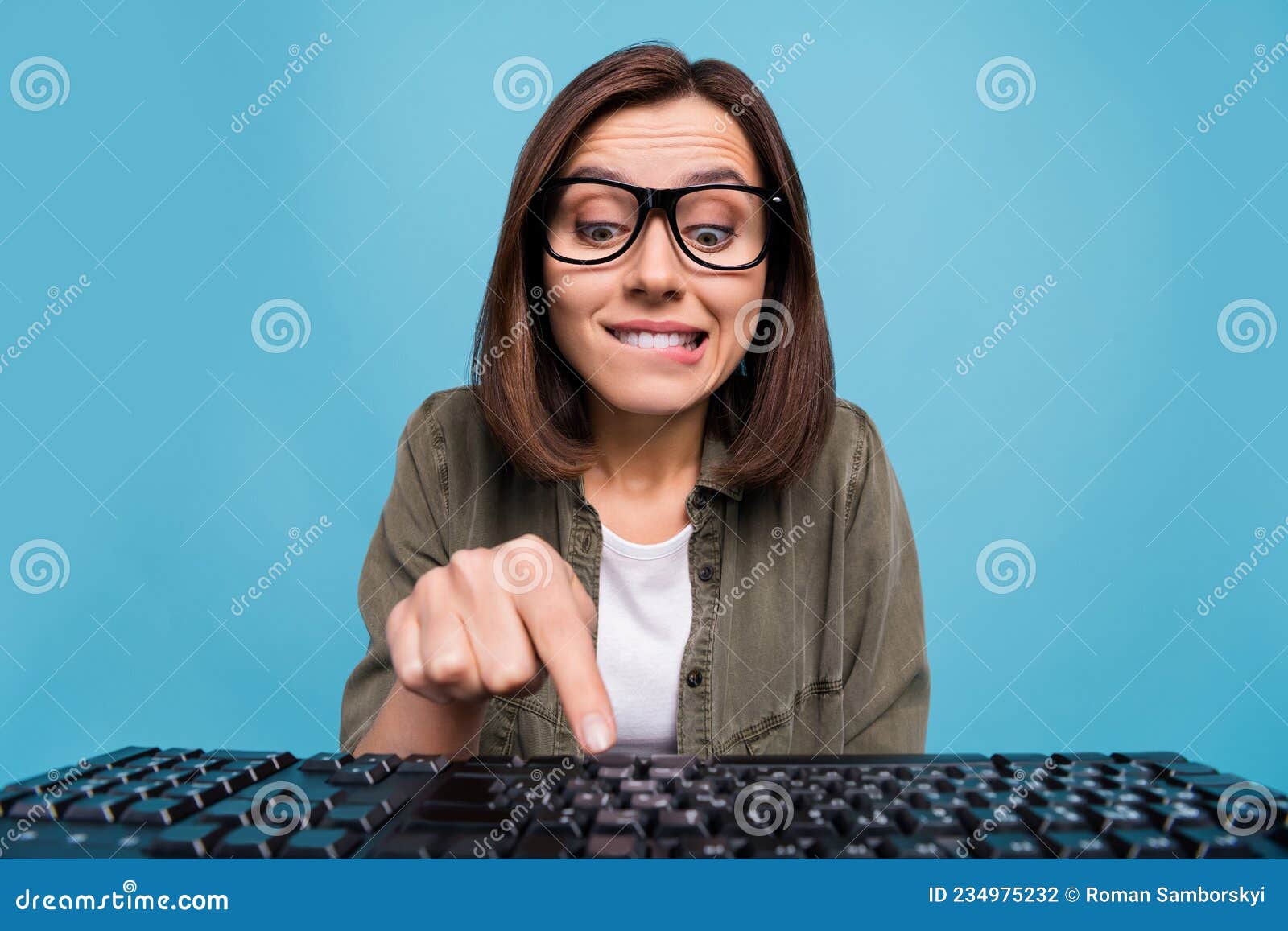 Photo of Interested Computer Nerd Lady Try Press Button Keyboard Search ...
