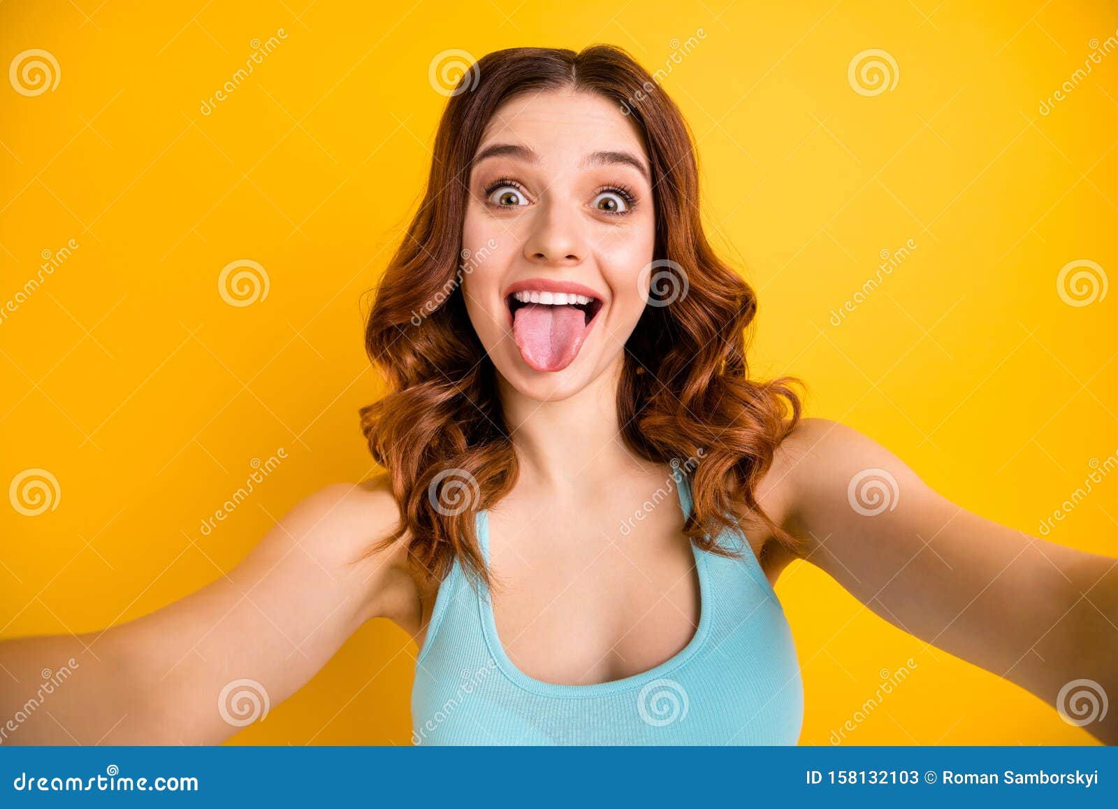 Photo Of Lady Making Selfies Sticking Tongue Out Of Mouth Wear Tank Top Isolated Yellow