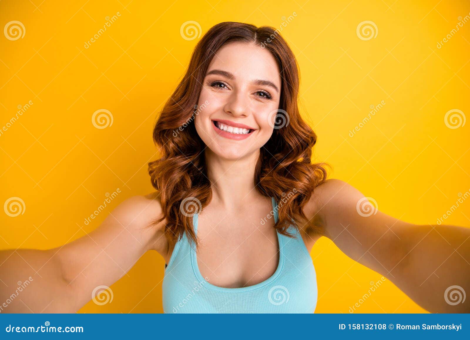 Photo Of Lady Making Selfies Talking To Friends Online Wear Tank Top Isolated Yellow Background
