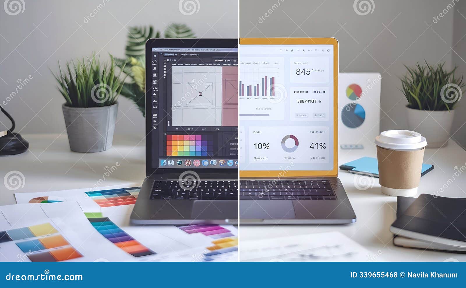 A Photo of a Laptop with a Split-screen View. Stock Illustration ...