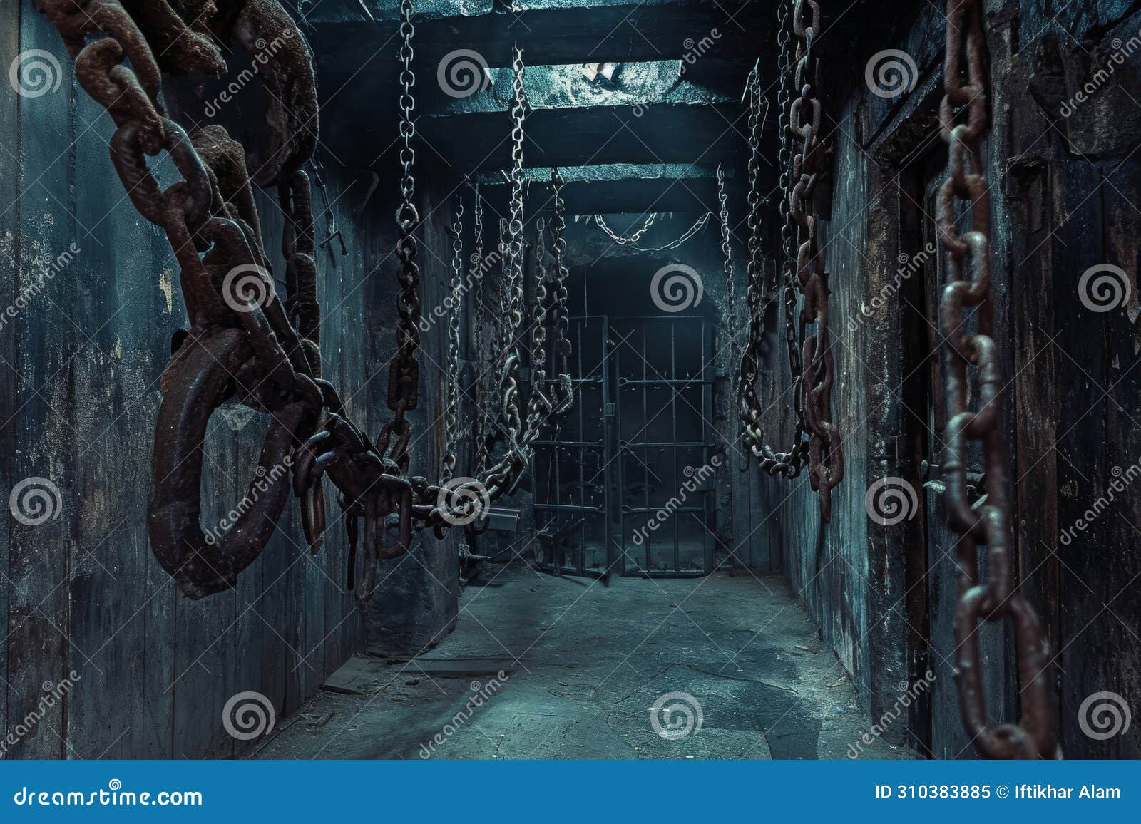 A Photo of a Lengthy Hallway with Chains Suspended from the Ceiling ...