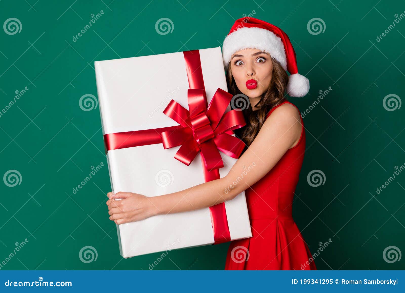 Photo Of Lovely Cute Pretty Nice Girl In Santa Claus Headwear Send Air