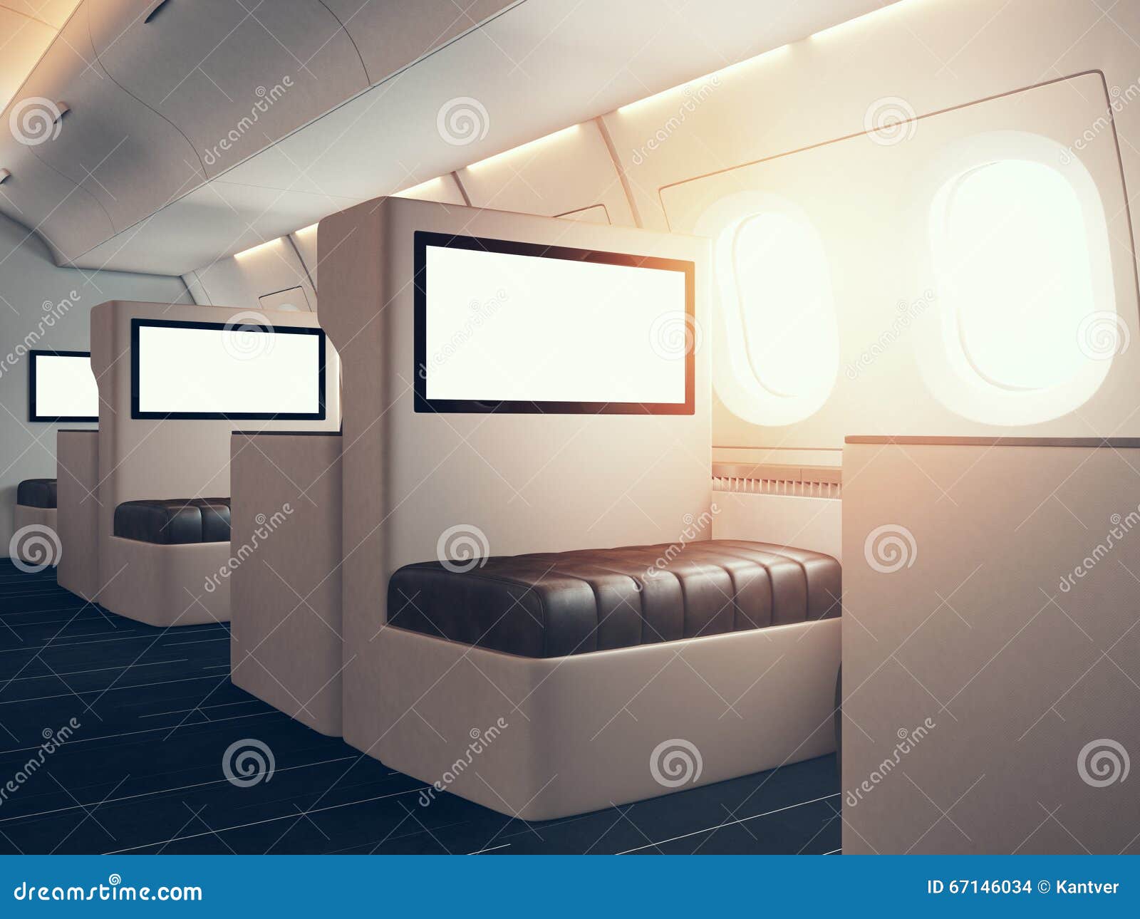 Airplane Interior With Seats And Aisle In Perspective View. Inside ...