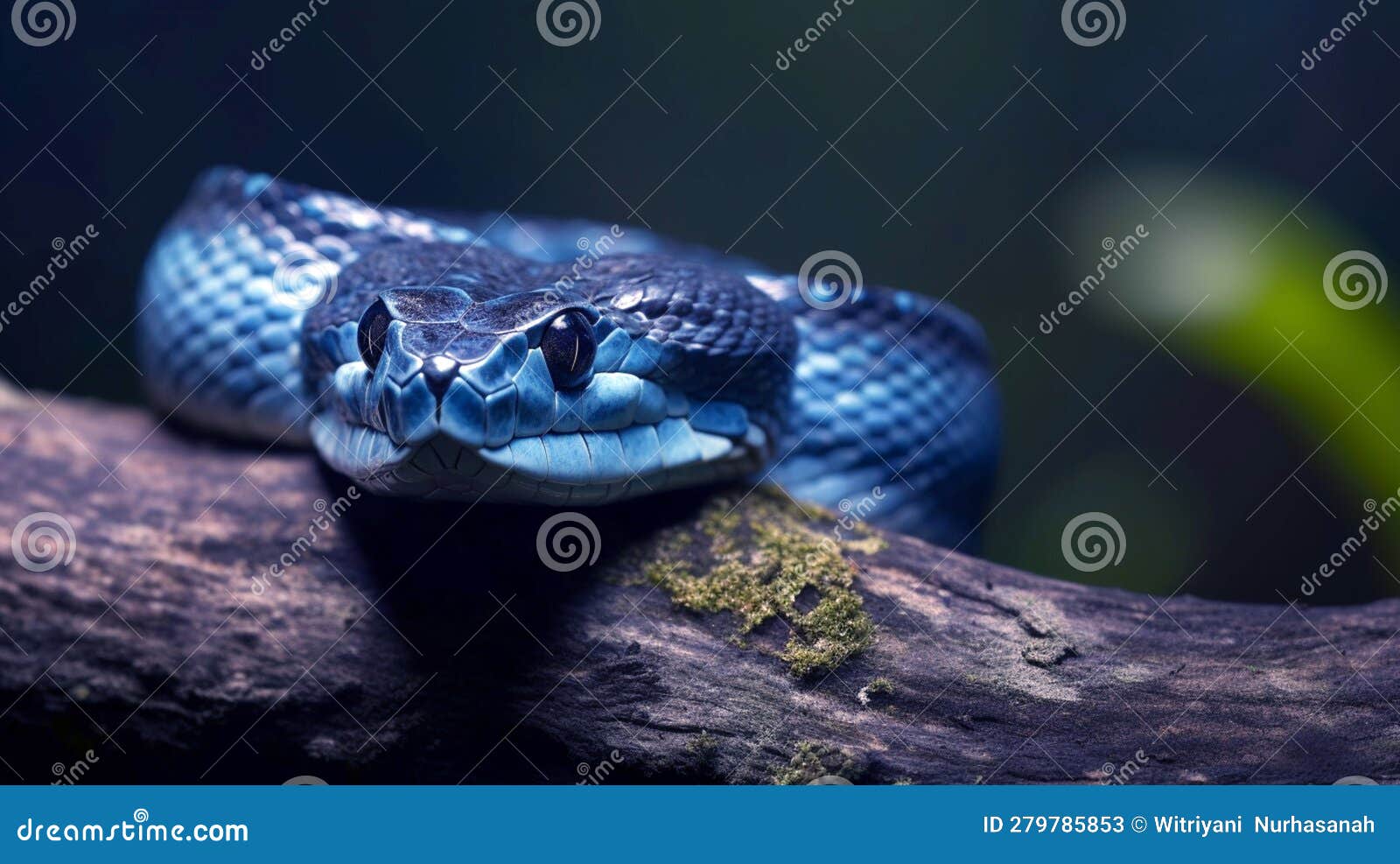 A Photo of a Majestic Blue Viper Snake Coiled Up on a Tree Branch ...