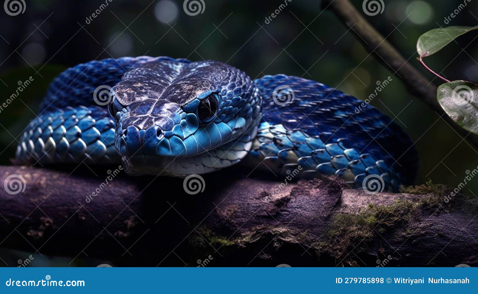 A Photo of a Majestic Blue Viper Snake Coiled Up on a Tree Branch ...