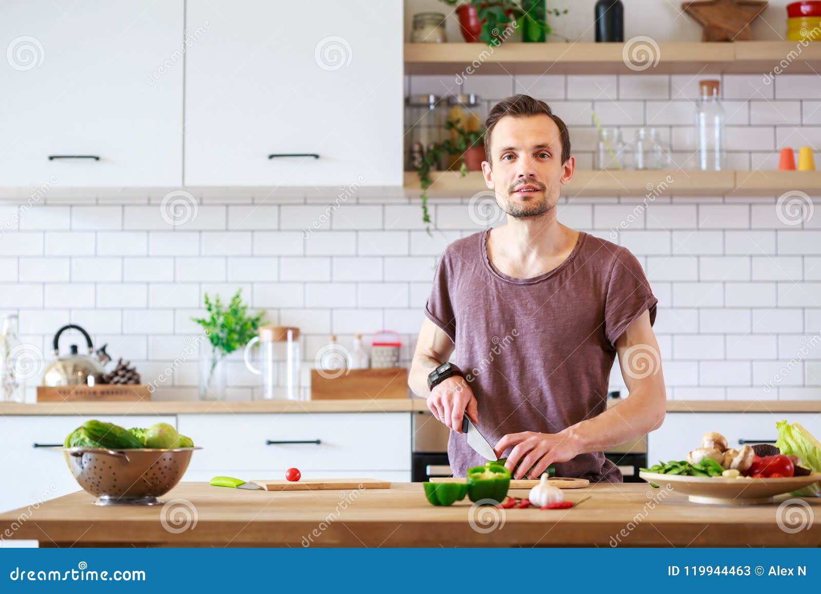 Photo of Man Cooking Vegetables on Table Stock Image - Image of food ...