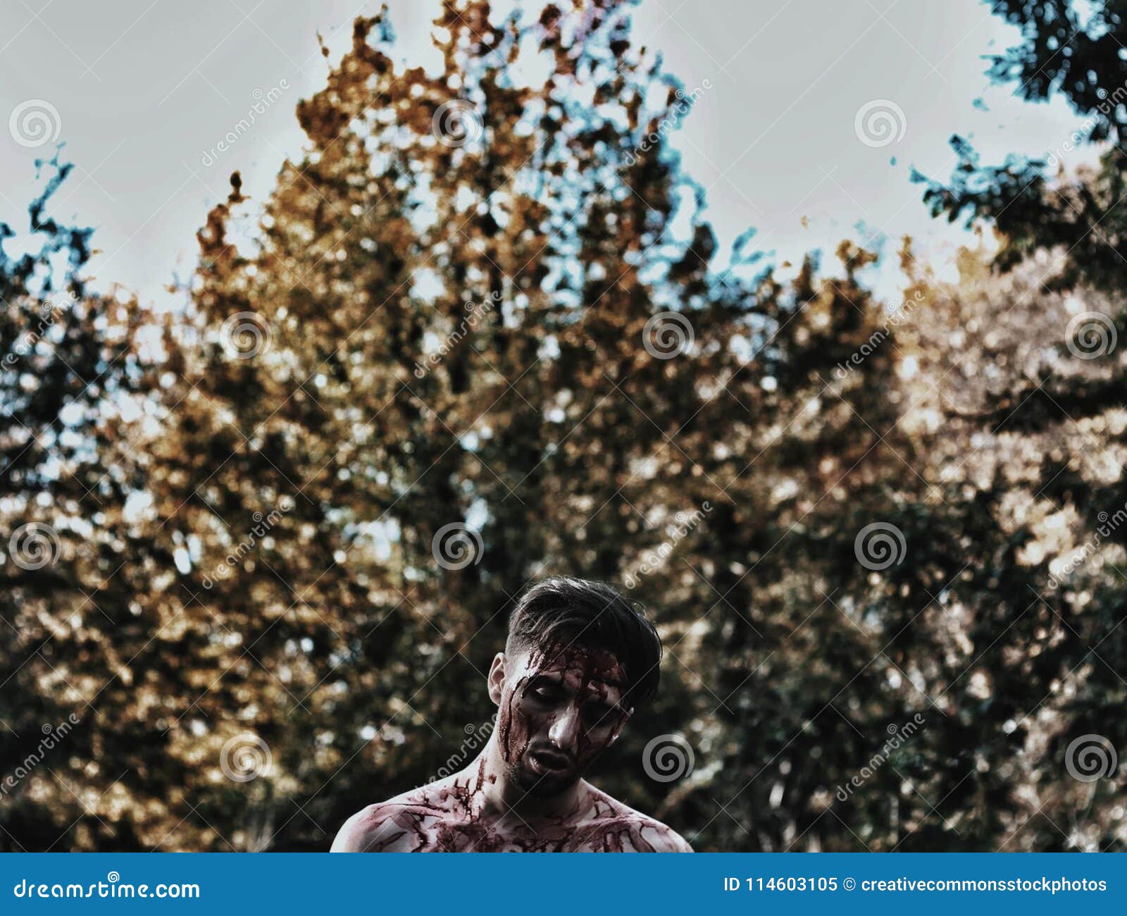 Photo Of Man Full Of Blood Near Trees Picture. Image: 114603105