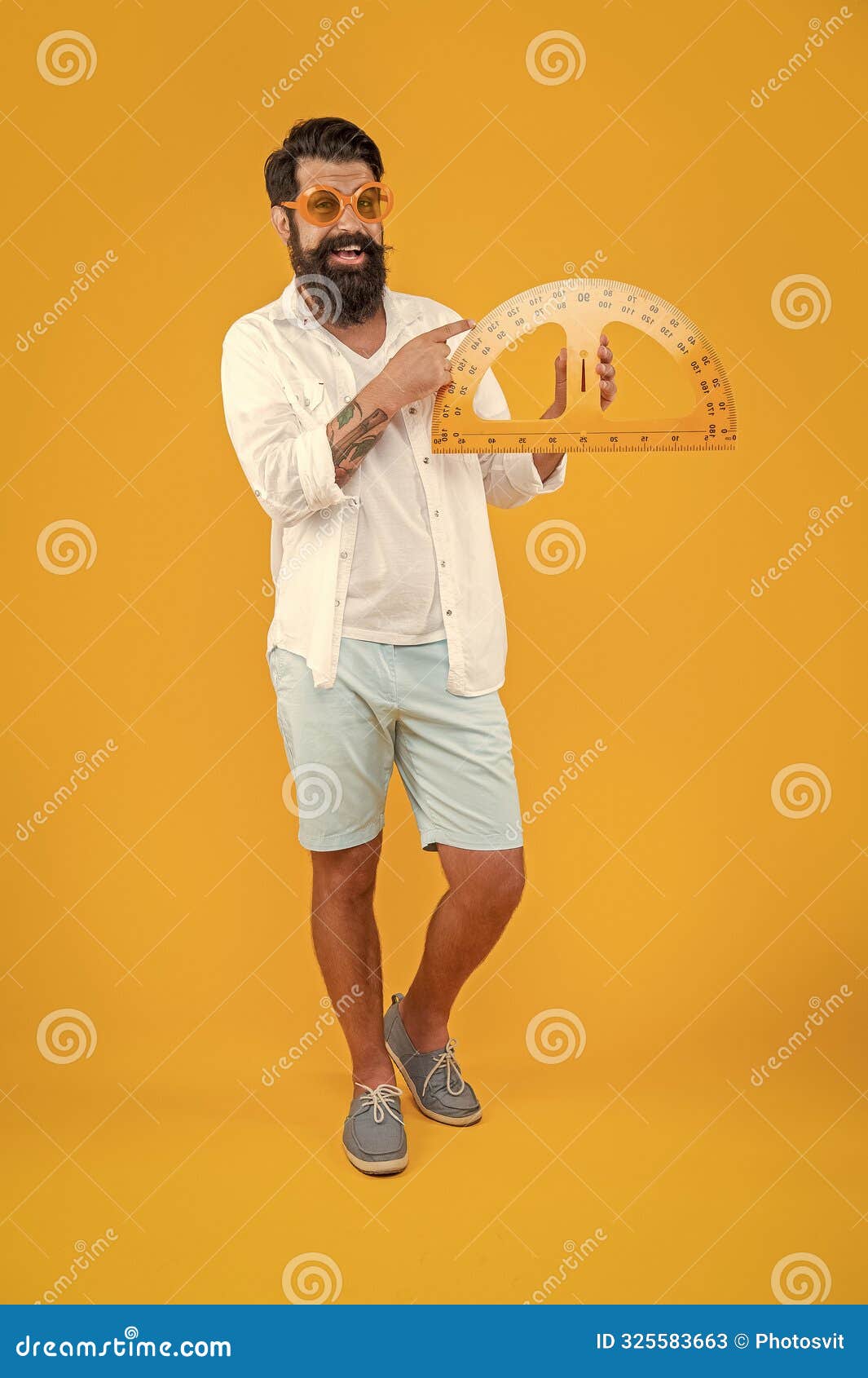 Photo of Man Hold Geometry Protractor, Pointing Finger Isolated on ...