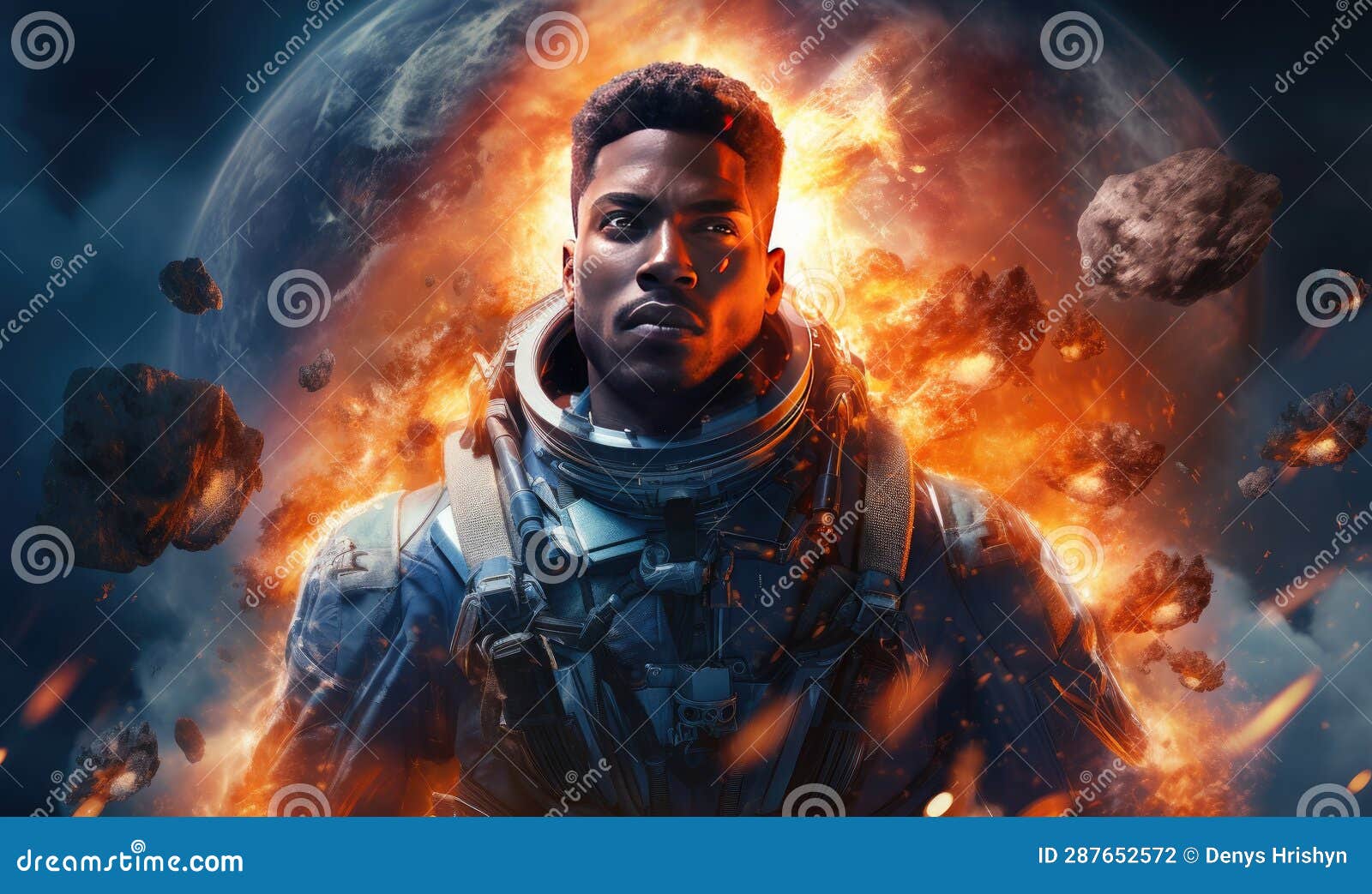 Photo of a Man in a Space Suit Standing in Front of an Explosion Stock ...