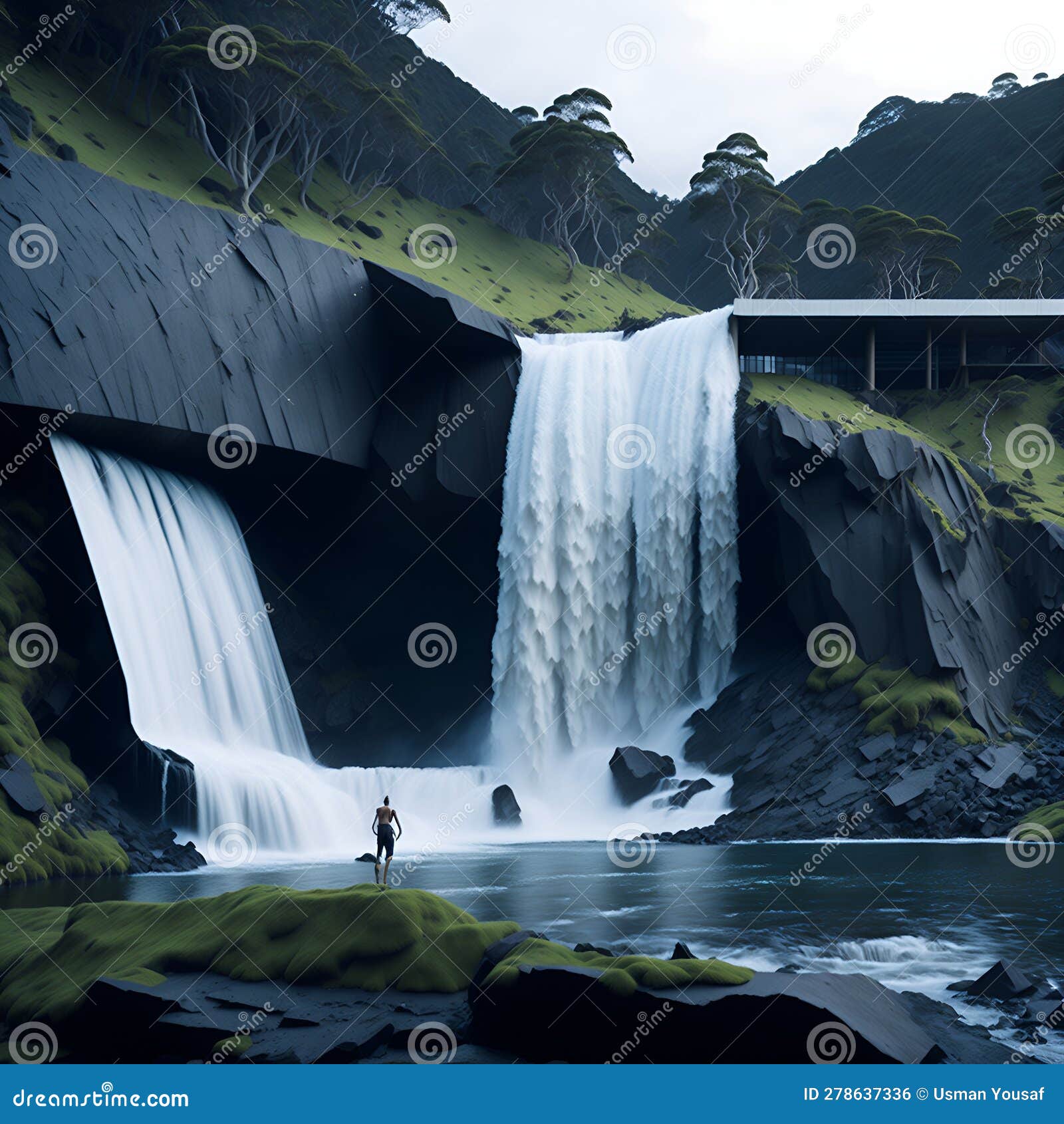 A Man Standing in Front of a Waterfall Created with Generative AI ...