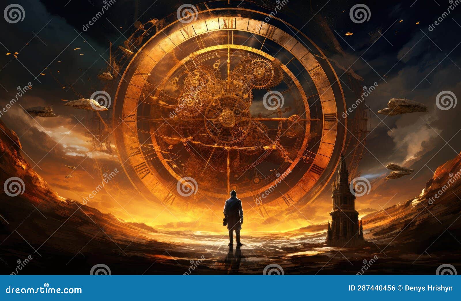 Photo of a Man Standing in Front of a Giant Clock Stock Illustration ...