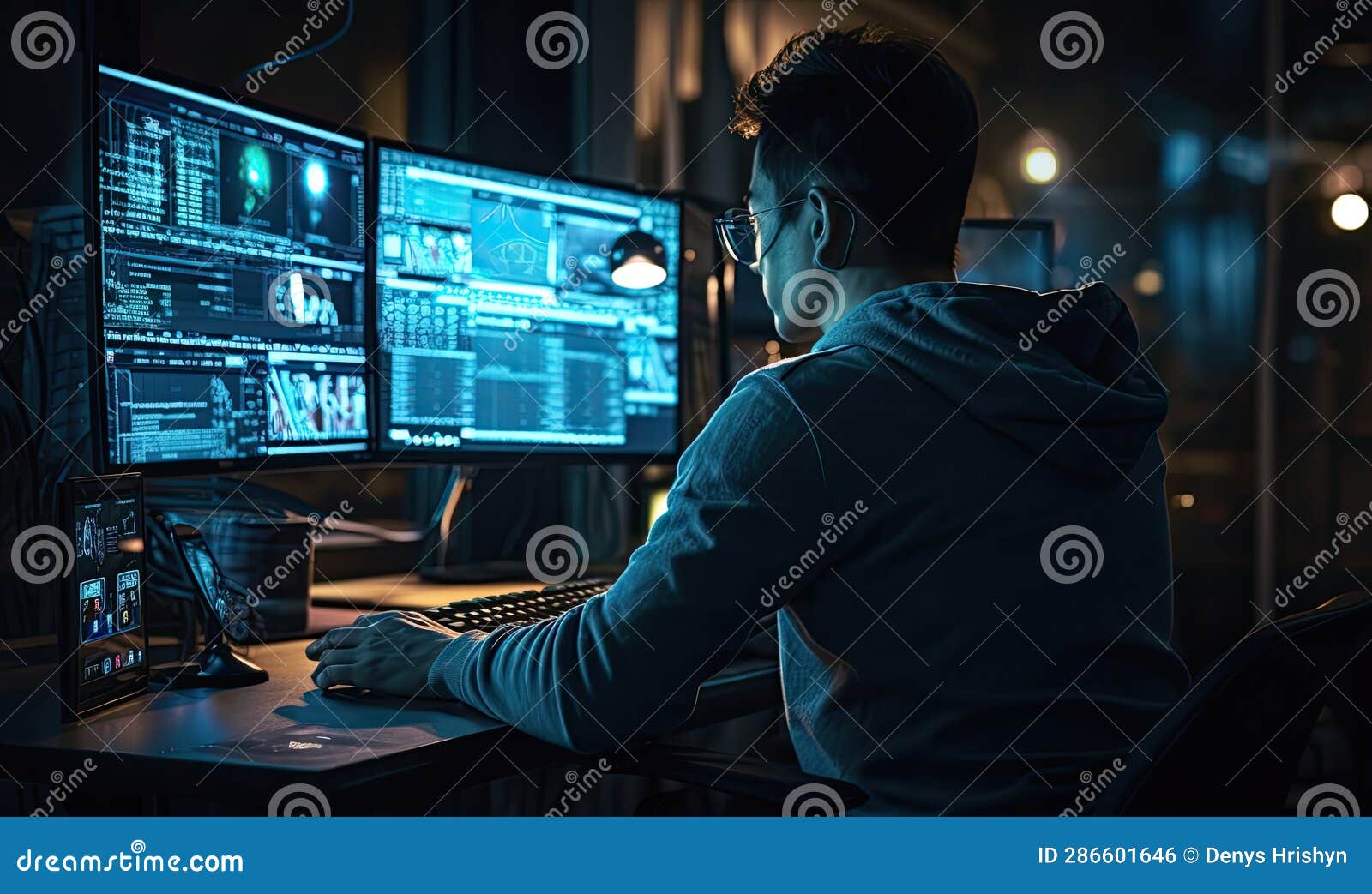 Photo of a Man Working on Dual Computer Monitors Stock Illustration ...