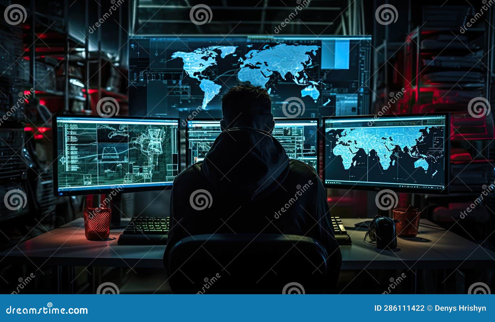 Photo of a Man Working at His Desk with Dual Computer Monitors Stock ...