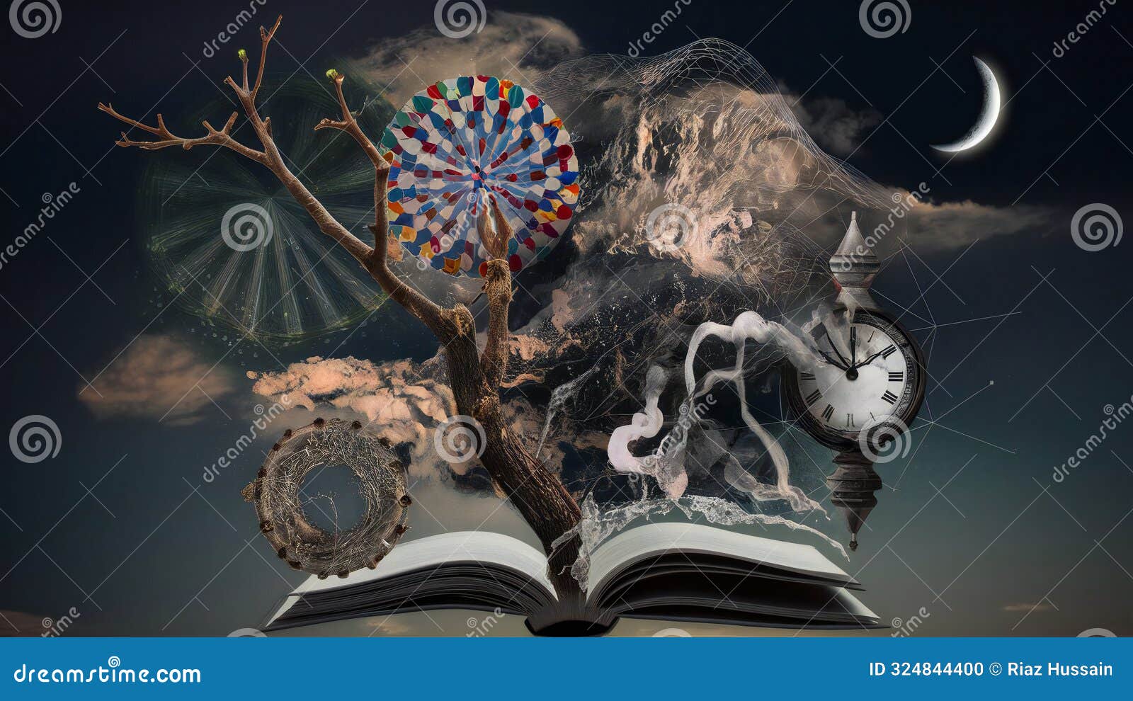 Photo Manipulation Art Design Clock, Book, Tree, Moon Stock Photo ...