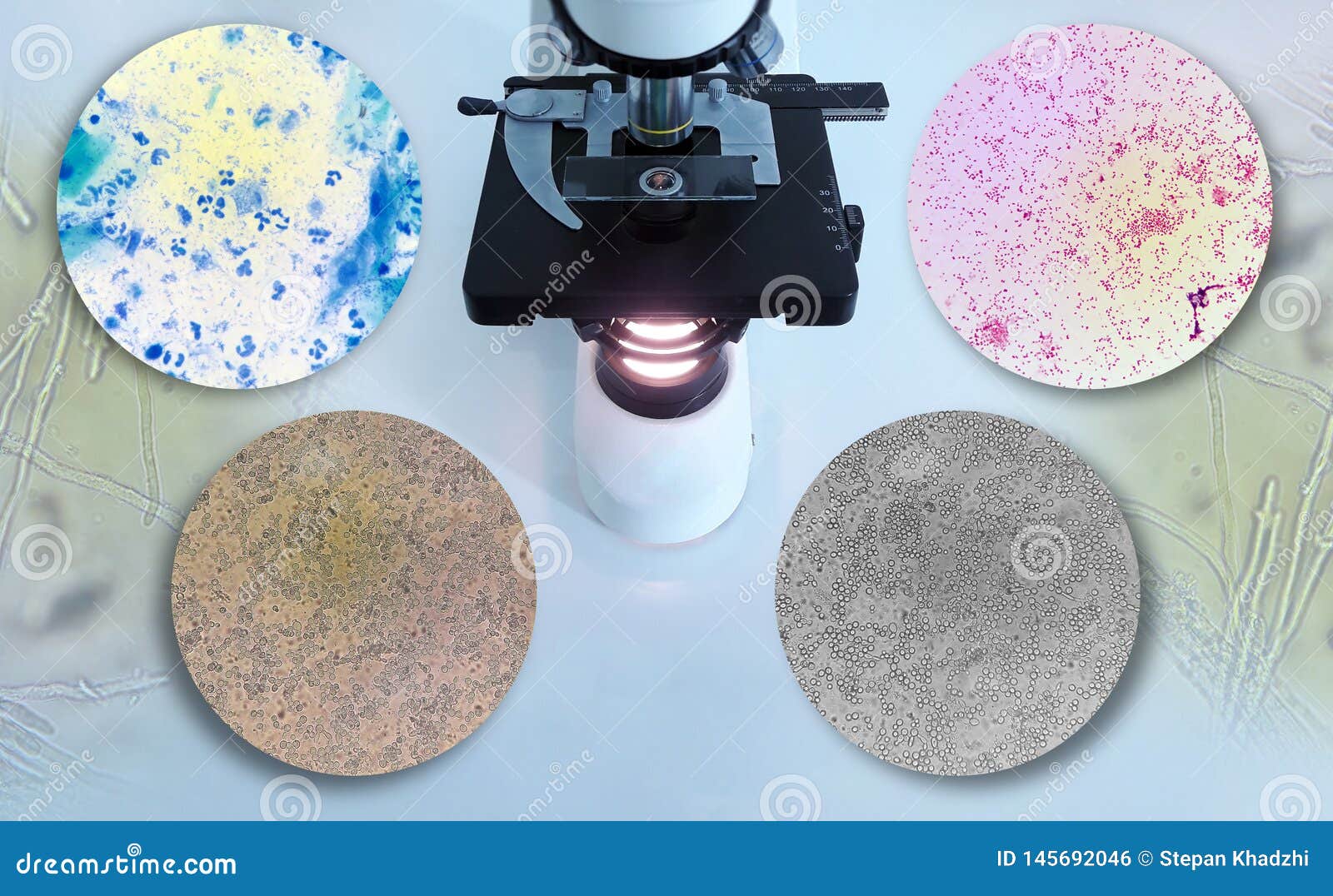 Photo of a Microscope with Images from a Microscope on a Background ...