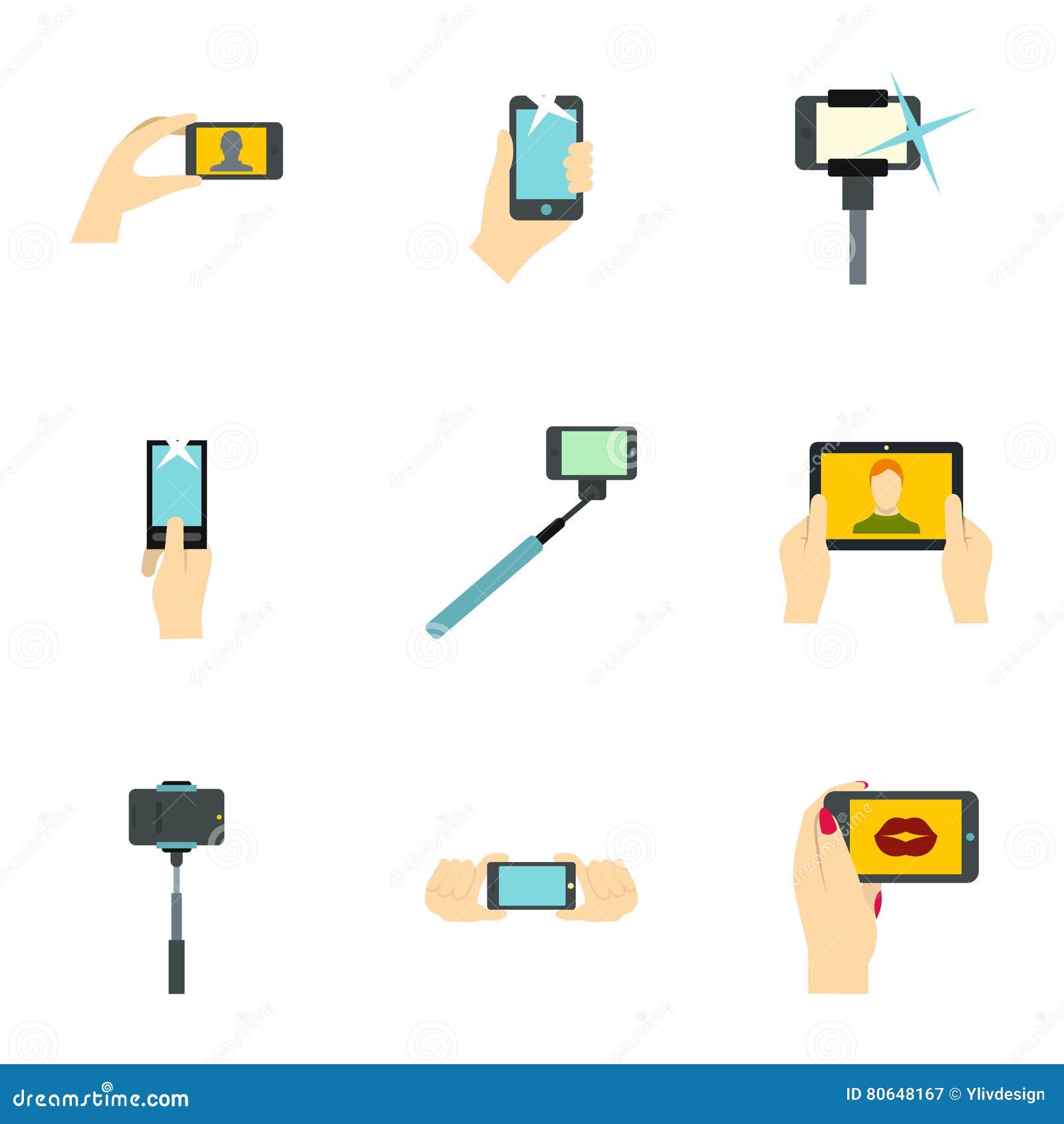 Photo on Mobile Phone Icons Set, Flat Style Stock Vector - Illustration ...