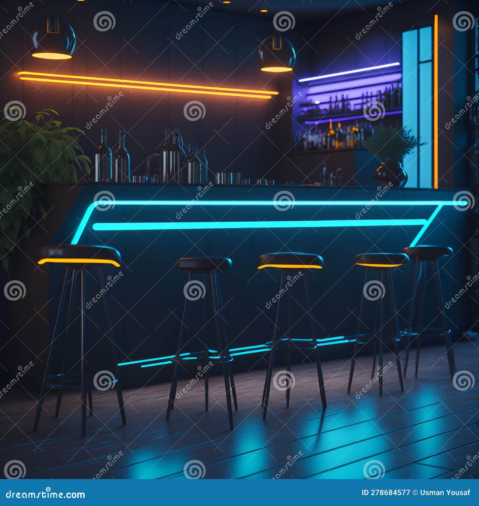 Ai Generated a Modern Bar with Colorful Neon Lights and Comfortable ...