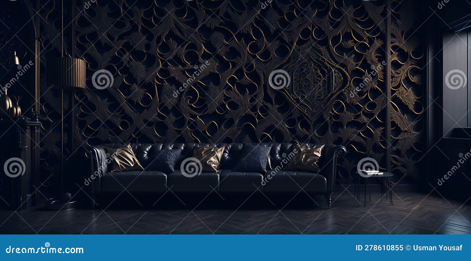 A Couch Sitting in Front of a Wall with a Decorative Design on it ...