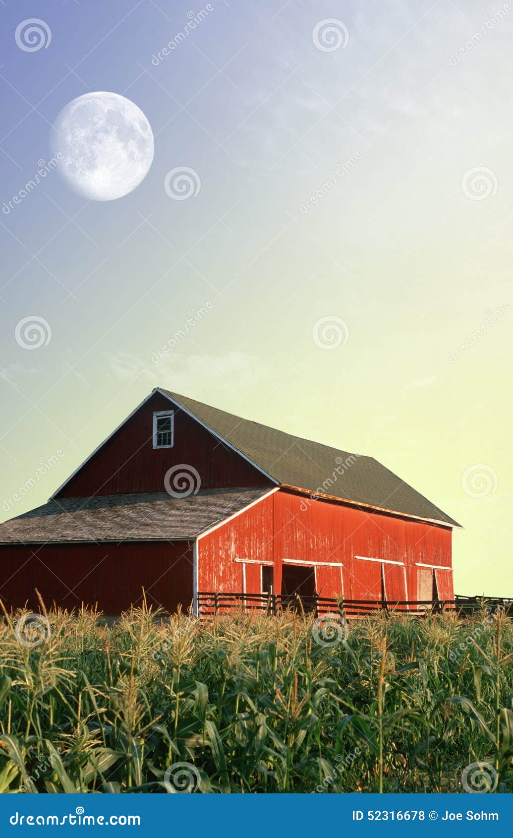 Photo Montage: Red Barn and Corn Field Under a Full Moon Stock Photo ...