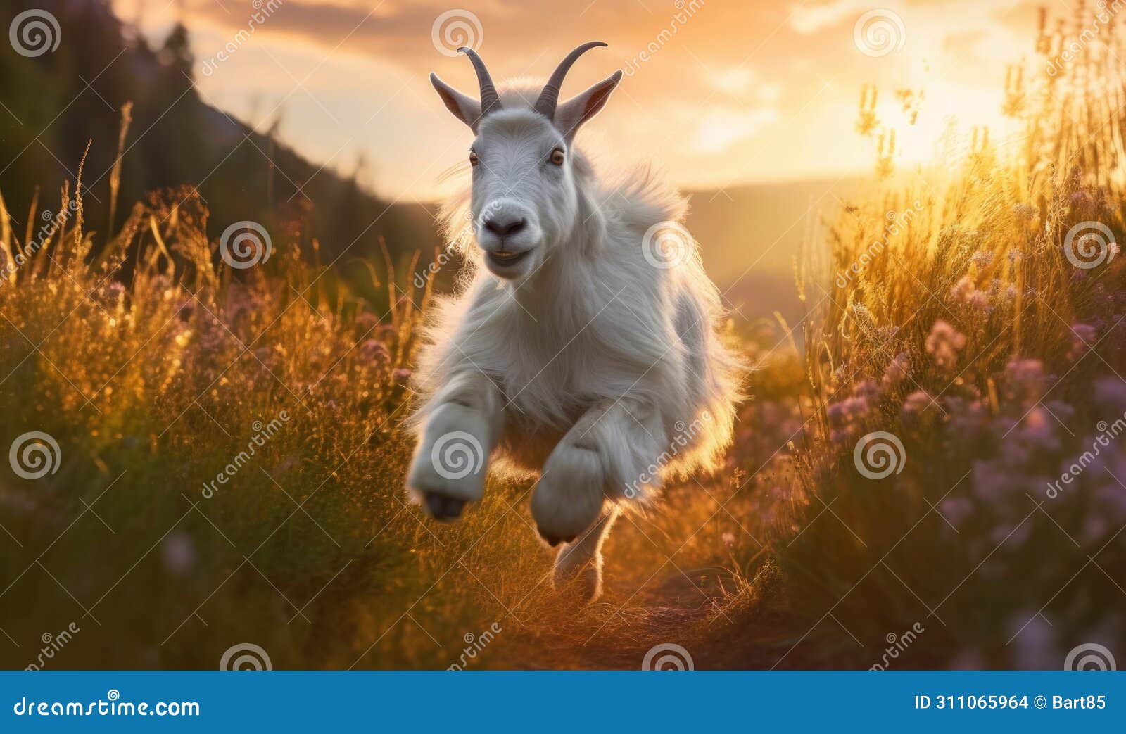 Photo of Mountain Goat Jumping in Tall Grass at Sunset. Generative AI ...
