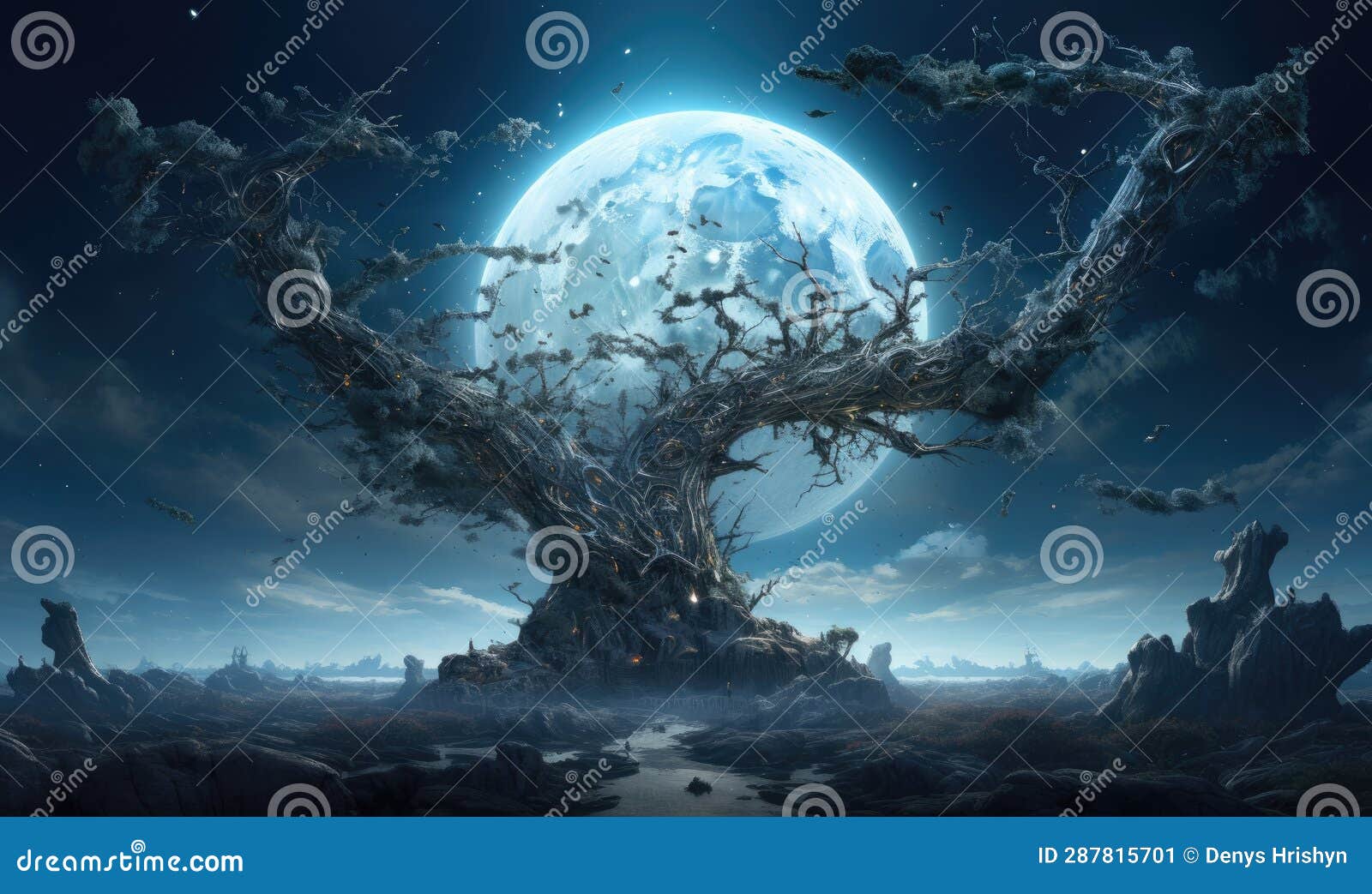 Photo of a Mysterious Tree Illuminated by the Moonlight in the Dark of ...