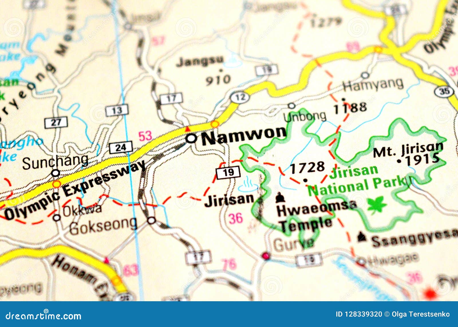 A photo of Namwon on a map stock photo. Image of blurred - 128339320