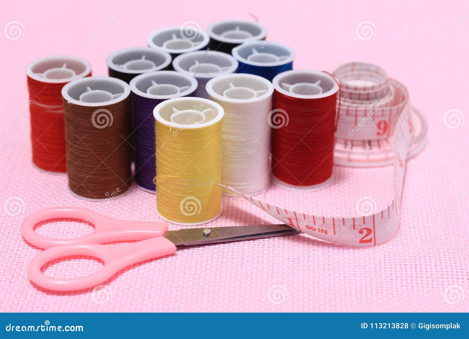 Needle, Scissor, Thread, Tailor Meter, at Pink Background Stock Photo ...