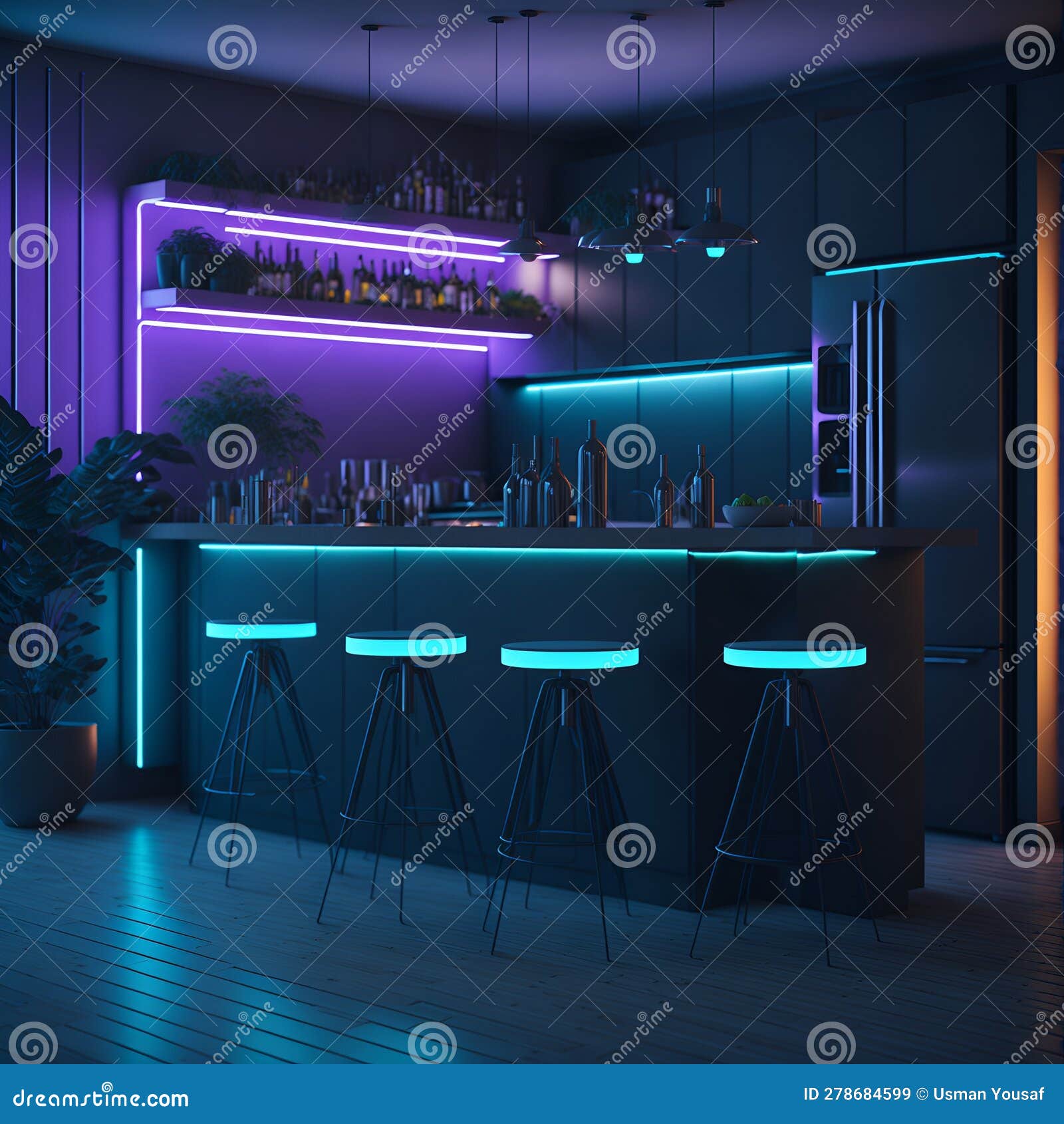 Ai Generated a Neon-lit Bar with Modern Stools and a Sleek Design Stock ...