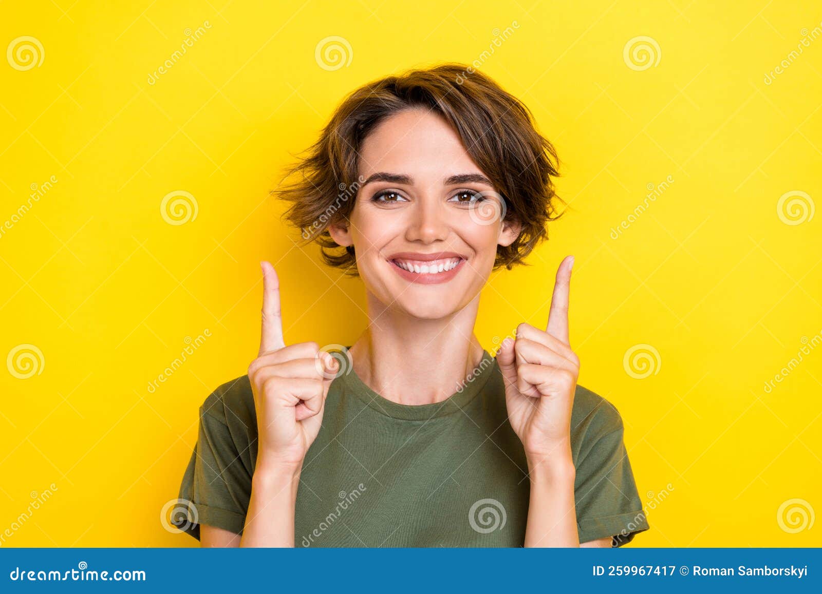 Photo Of Nice Gorgeous Girl With Bob Hairstyle Wear Khaki T Shirt