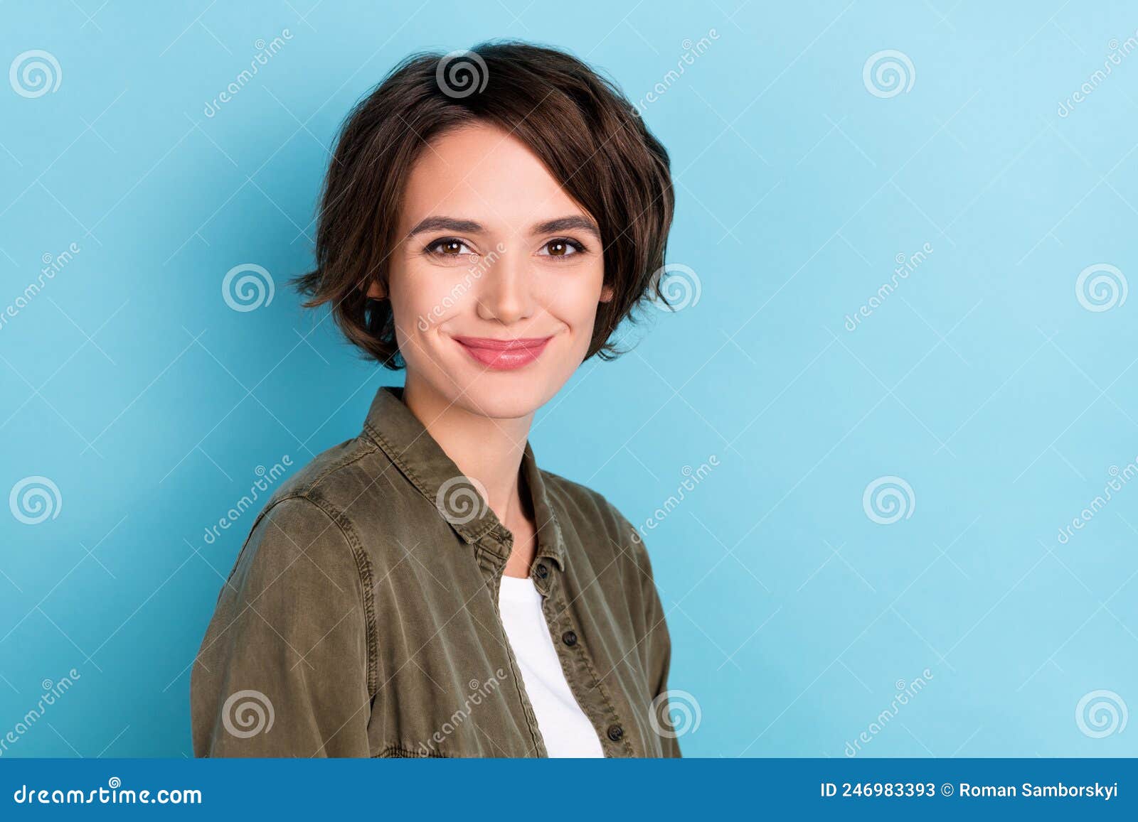 Photo Of Nice Millennial Bob Hairdo Lady Wear Khaki Shirt Isolated On