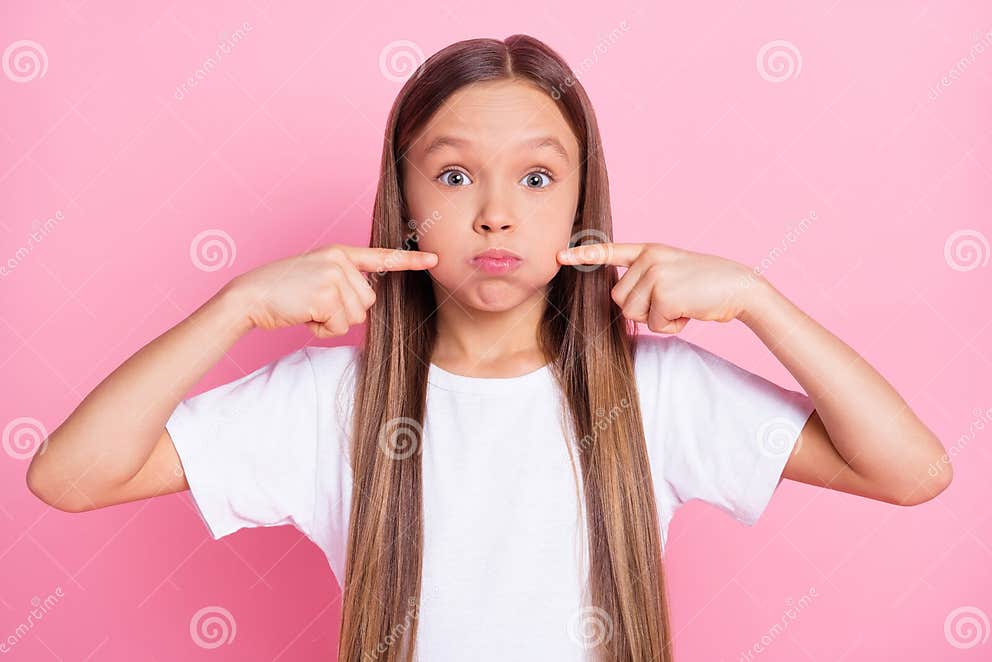 Photo Of Nice Optimistic Blond Girl Fingers Face Wear White T Shirt