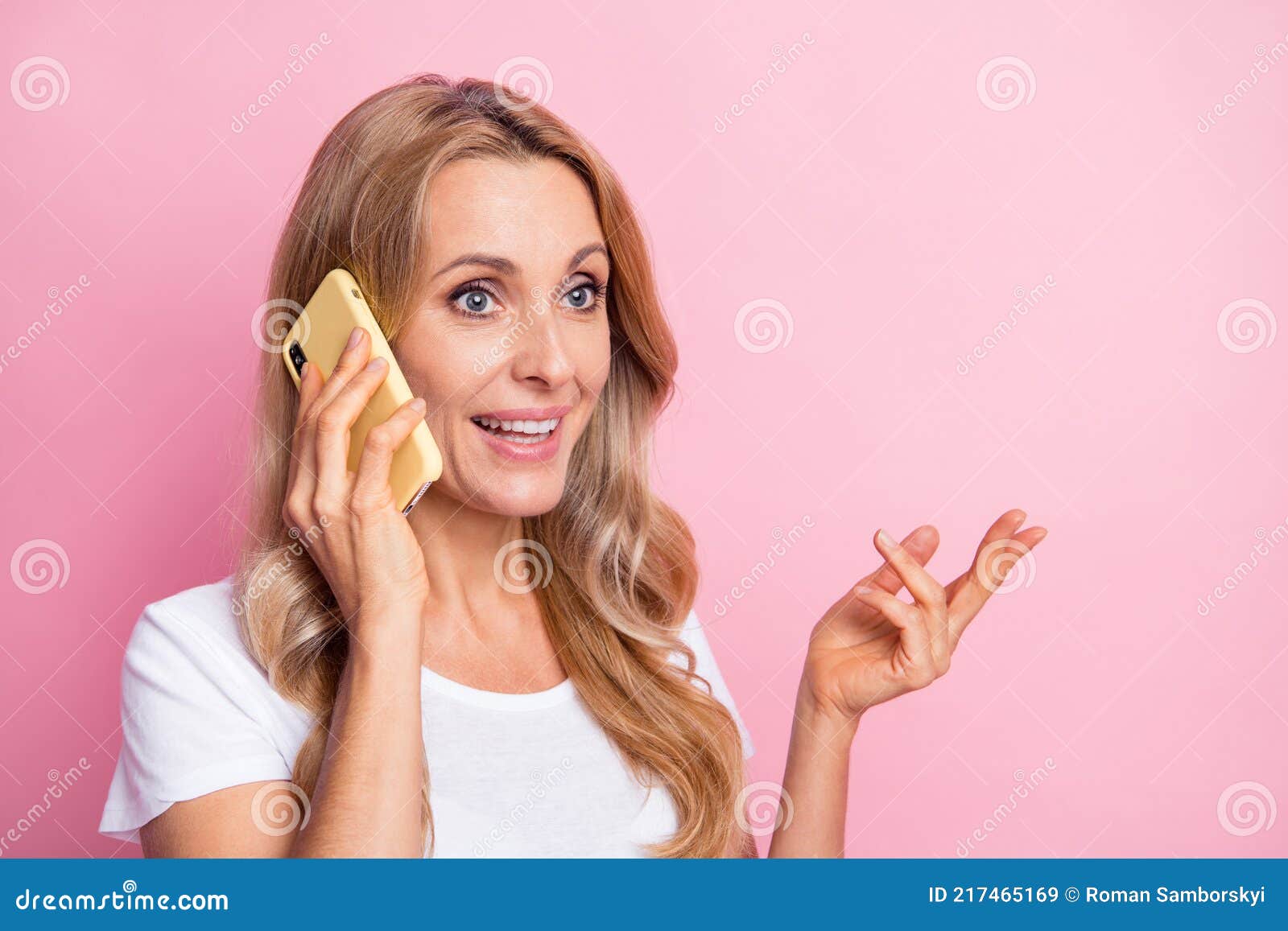 Photo Of Nice Optimistic Blond Lady Talk Telephone Wear White T Shirt