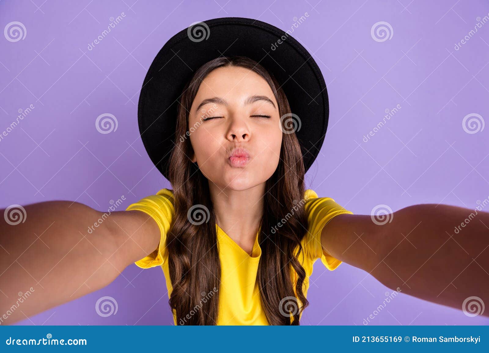 Photo Of Nice Optimistic Brunette Hairdo Girl Do Selfie Blow Kiss Wear