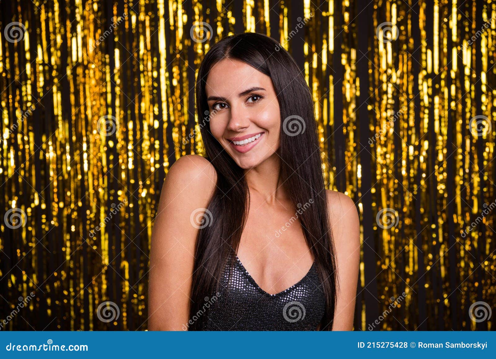 Photo Of Nice Optimistic Brunette Hairdo Lady Wear Black Top Isolated