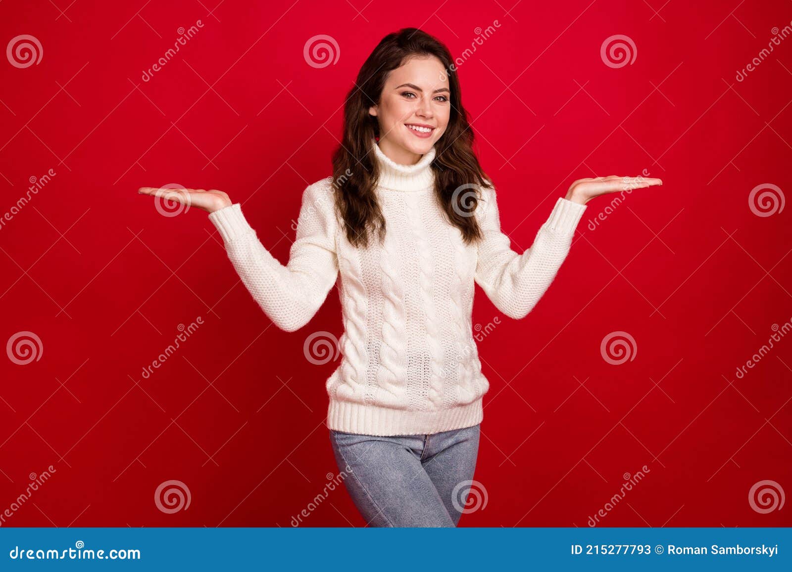 Photo Of Nice Optimistic Brunette Lady Hold Empty Space Wear White