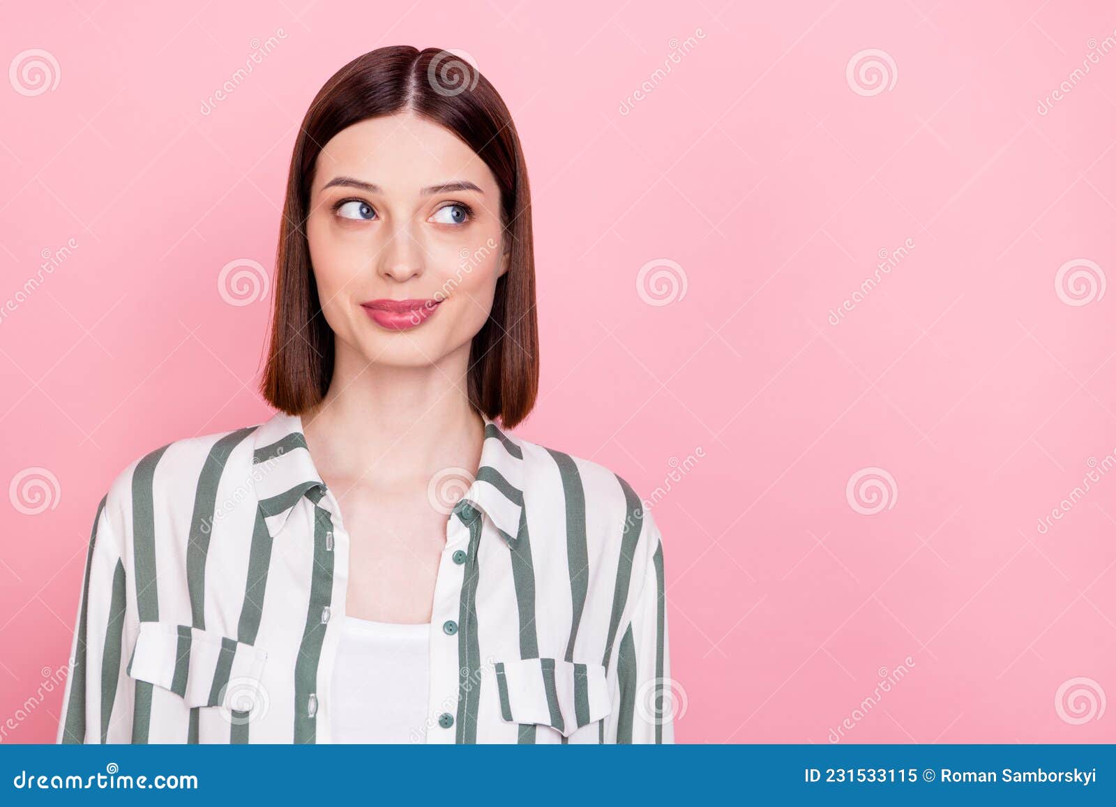 Photo Of Nice Optimistic Brunette Lady Look Empty Space Wear White