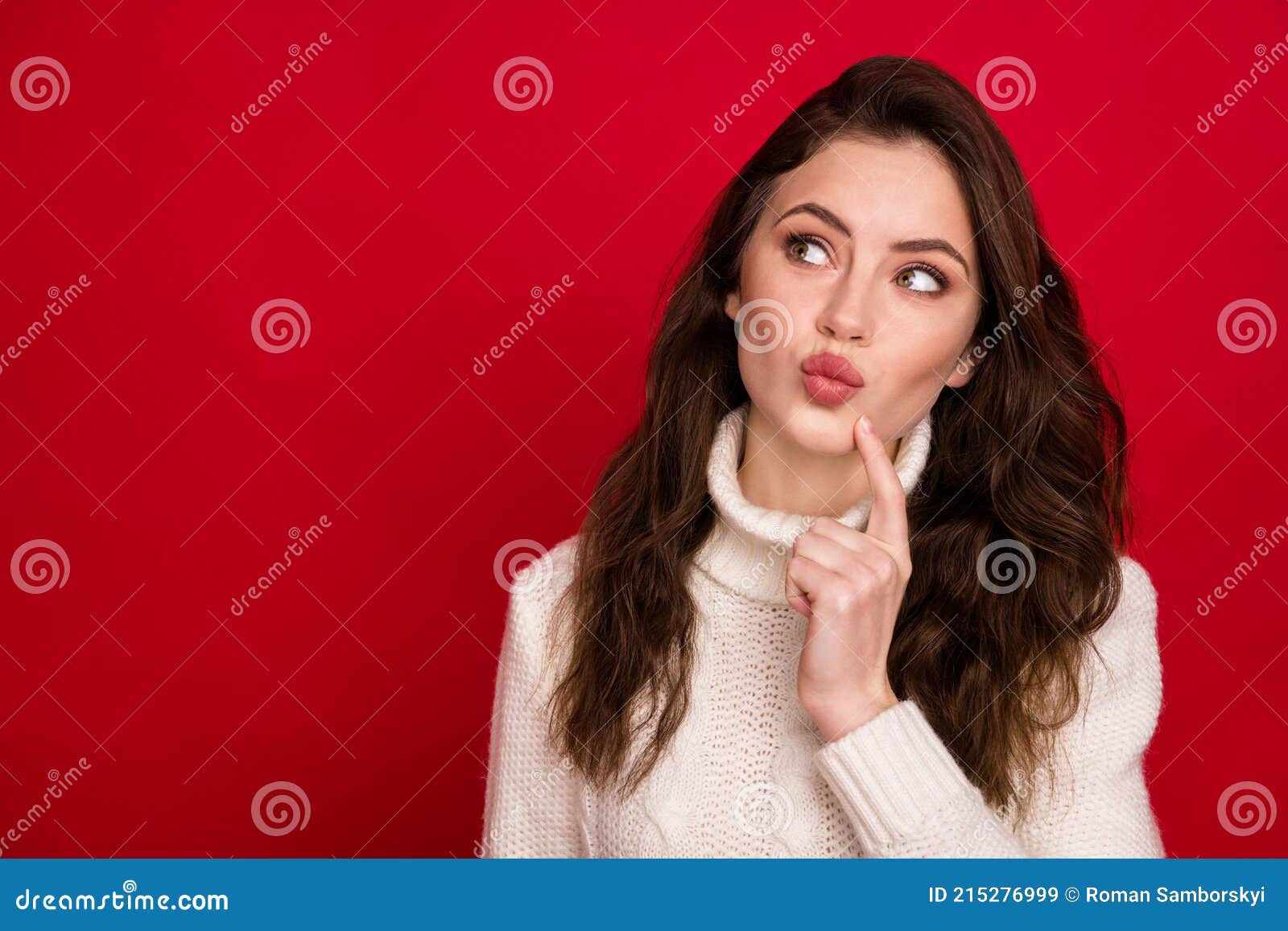 Photo Of Nice Optimistic Brunette Lady Look Empty Space Wear White