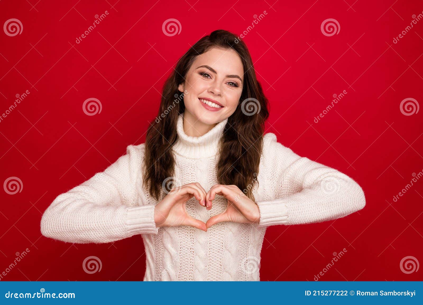 Photo Of Nice Optimistic Brunette Lady Show Heart Wear White Sweater