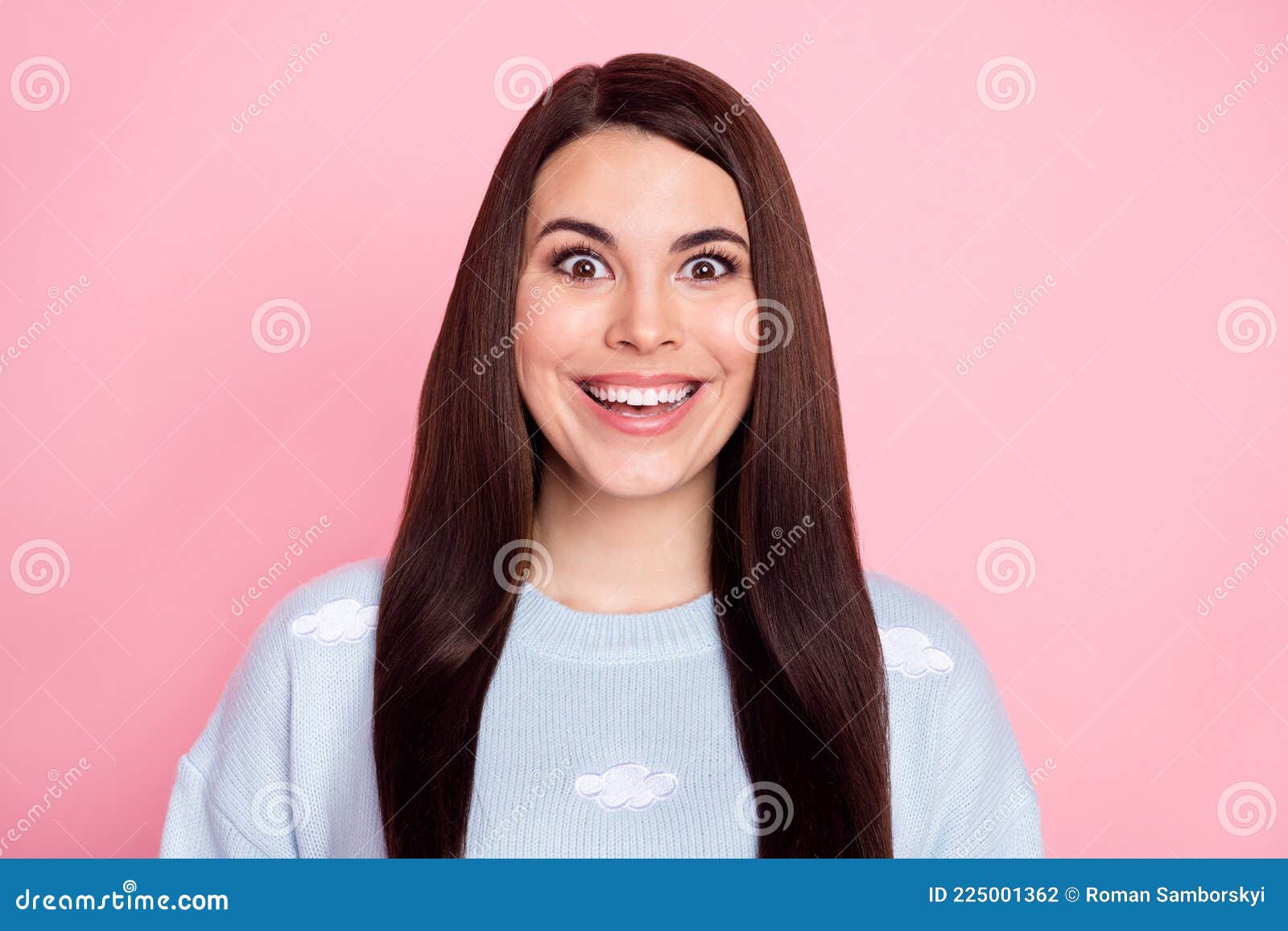 Photo Of Nice Optimistic Long Hairdo Brunette Lady Wear Blue Sweater