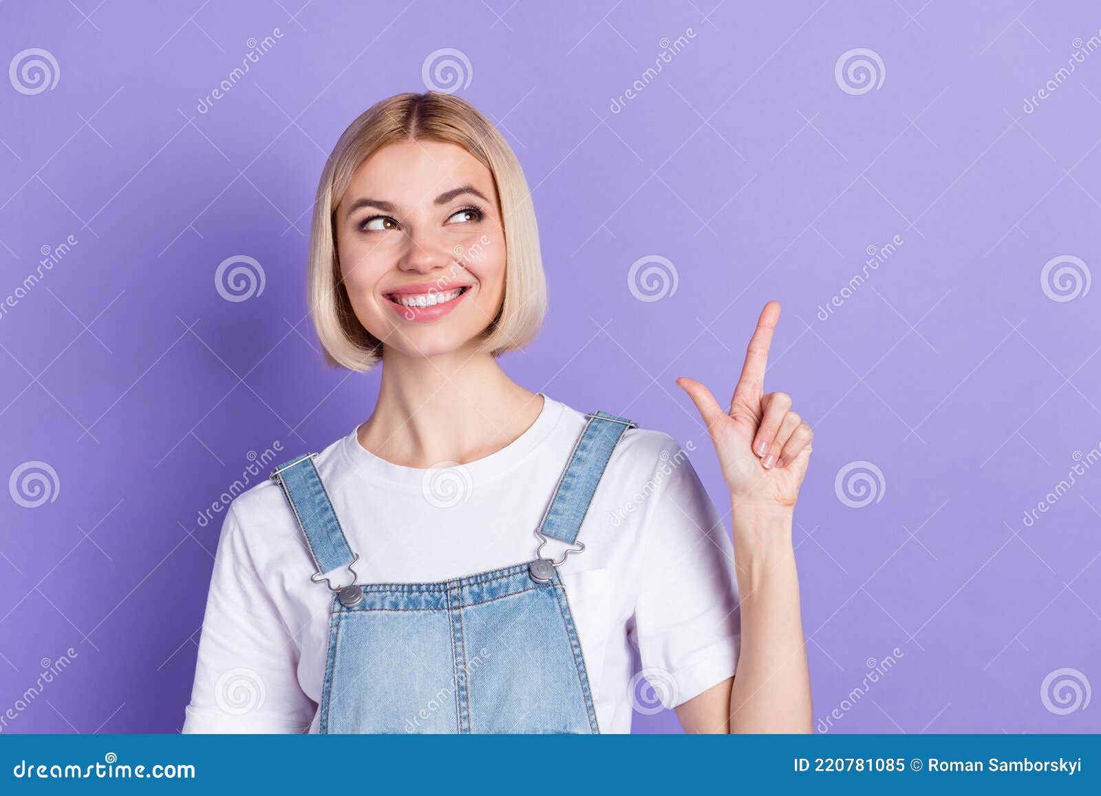 Photo Of Nice Optimistic Short Hairdo Blond Lady Look Empty Space Wear