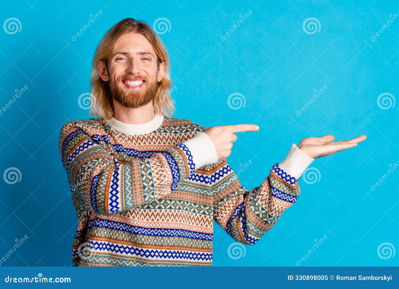 Photo of Nice Young Man Point Finger Hold Empty Space Wear Pullover ...