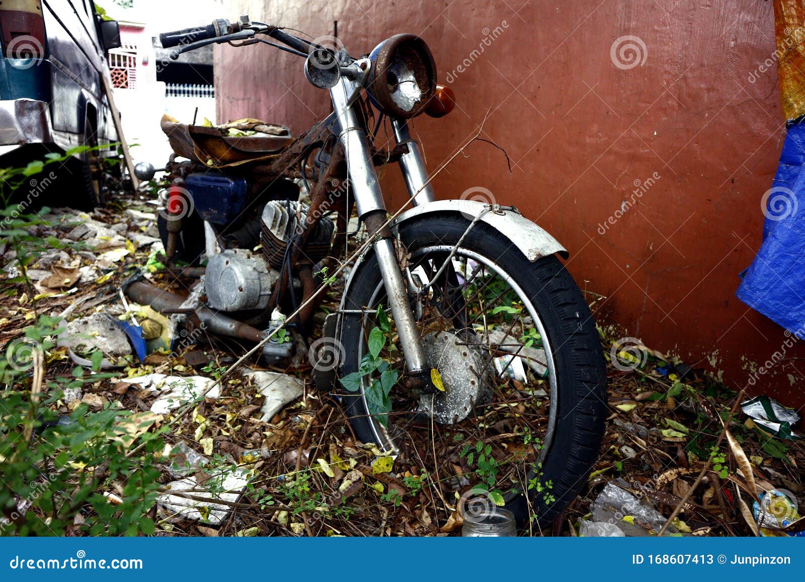 Old, Broken and Rusty Motorcycle at an Empty Lot Stock Image - Image of ...